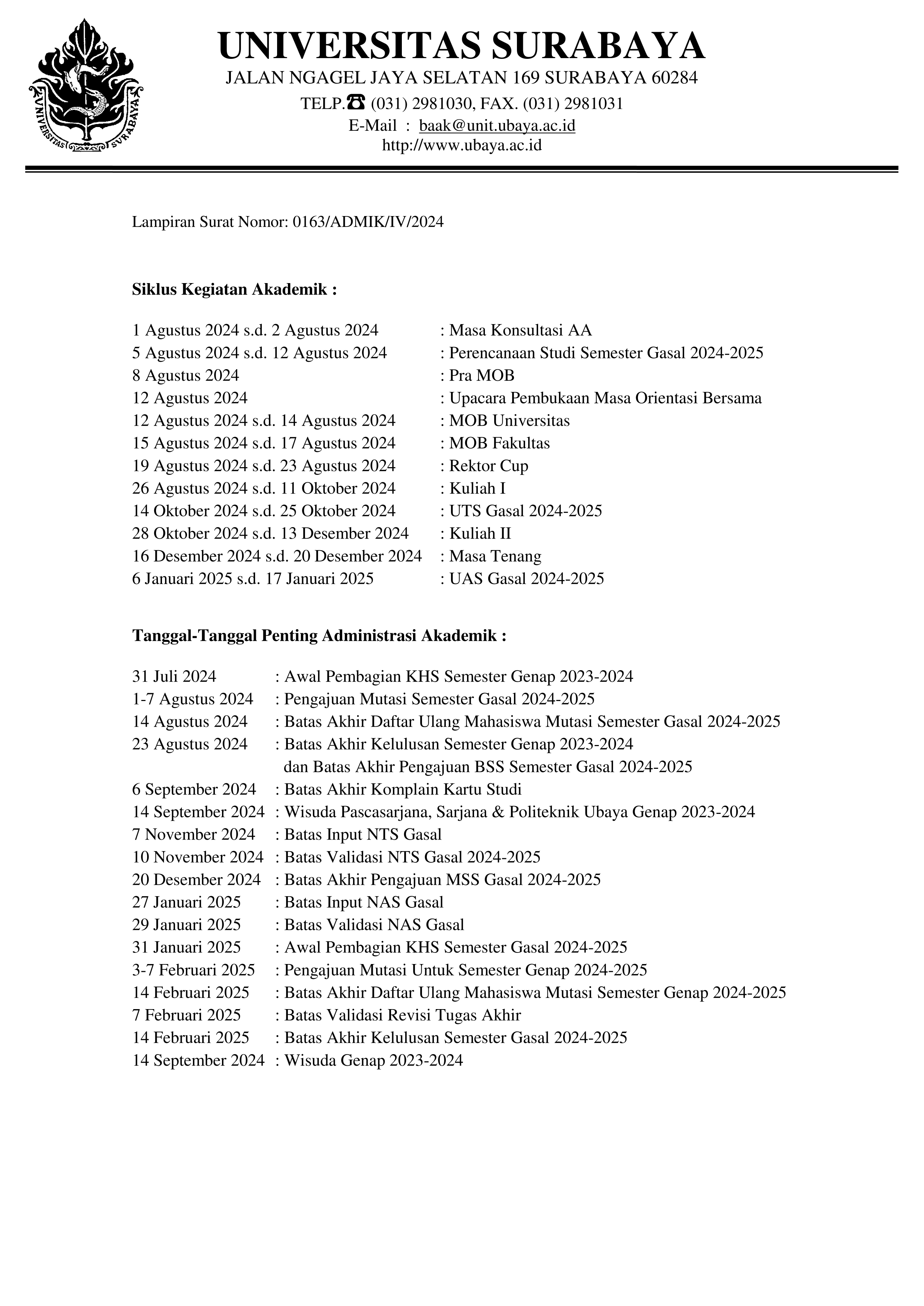 Tanggal Penting Kegiatan Akademik Gasal 2024-2025 - Fakultas Teknobiologi